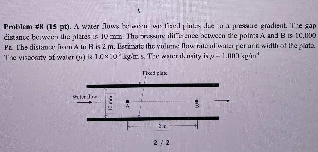 Problem #8 (15 pt). A water flows between two fixed plates due to a ...