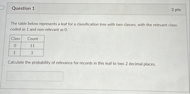 SOLVED: Question 1 3 pts The table below represents a leaf for a classification tree with two ...