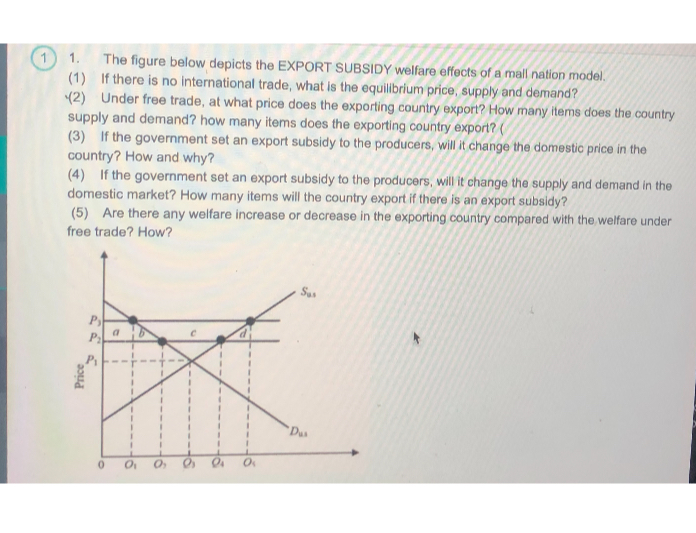 1) 1. The figure below depicts the EXPORT SUBSIDY welfare effects of a ...