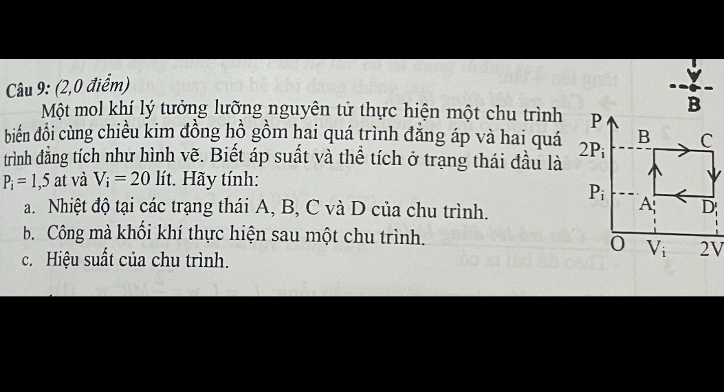 Câu 9: (2,0 ?i?m) M?t mol khí lý t??ng l??ng nguyên t? th?c hi?n m?t chu trình bi?n ??i cùng chi ...