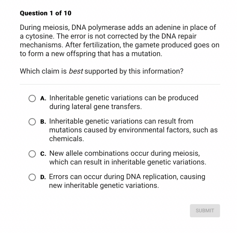 SOLVED: Question 1 of 10 During meiosis, DNA polymerase adds an adenine ...