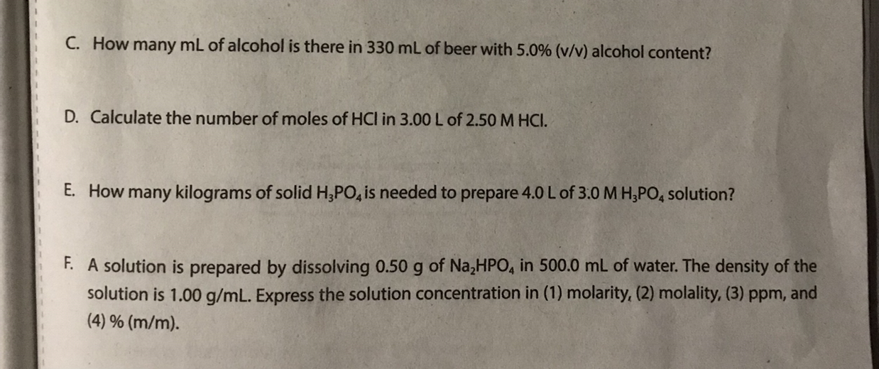[GET ANSWER] C. How many mL of alcohol is there in 330 mL of beer with 5.0 %(v / v) alcohol ...