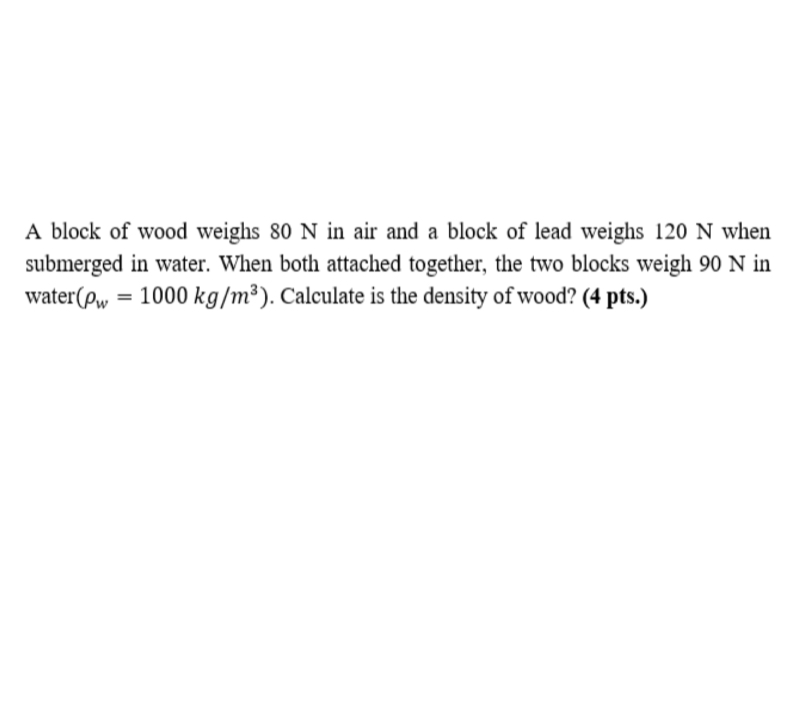 SOLVED: A block of wood weighs 80 N in air and a block of lead weighs 120 N when submerged in ...