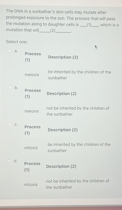 SOLVED: The DNA in a sunbather's skin cells may mutate after prolonged ...