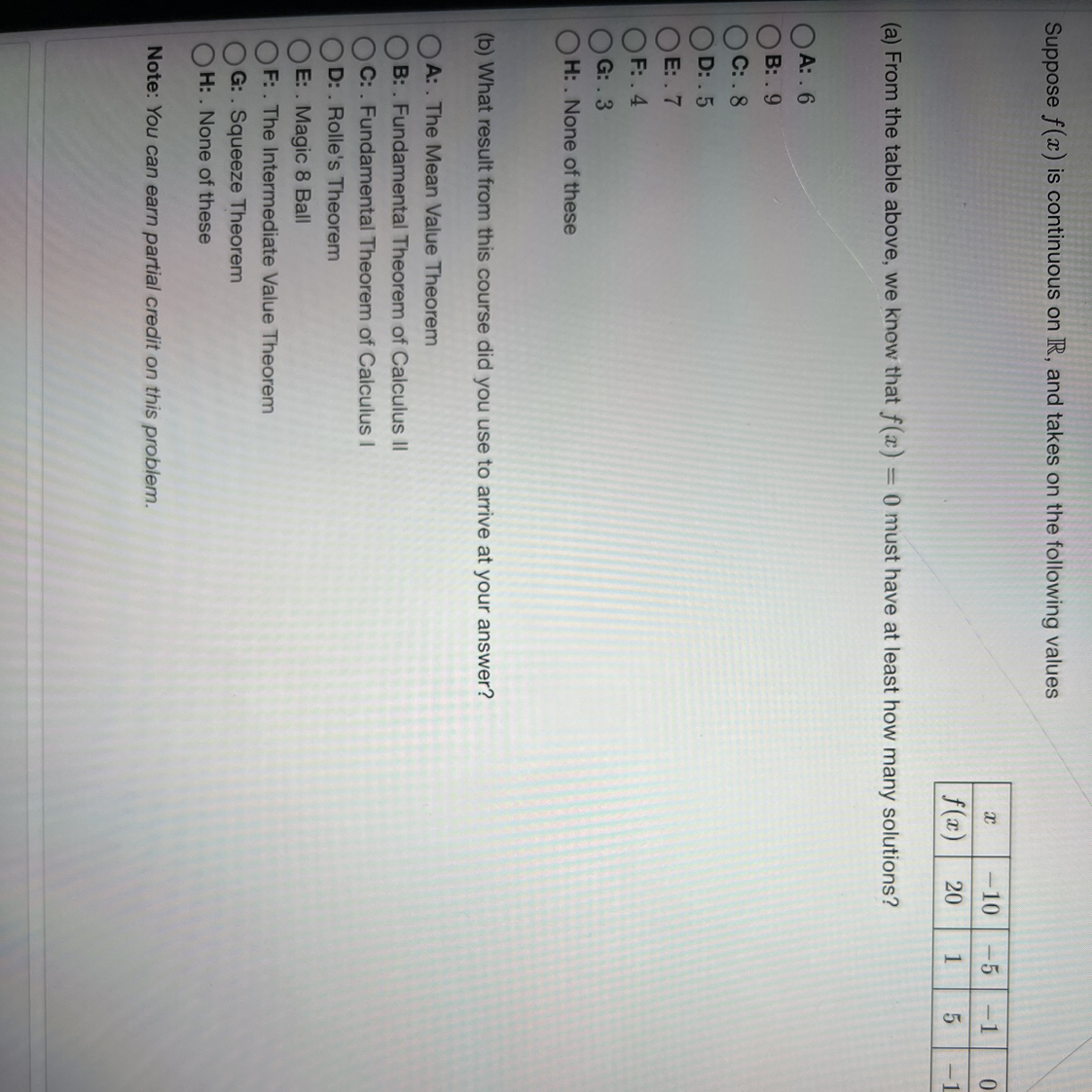 SOLVED: Suppose f(x) is continuous on ℝ, and takes on the following values x -10 -5 -1 0 f(x) 20 ...