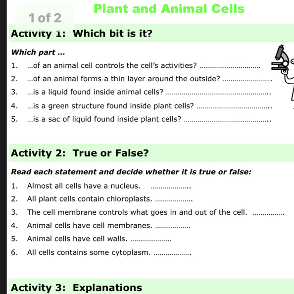 1 of 2 Plant and Animal Cells Activity 1: Which bit is it? Which part ...