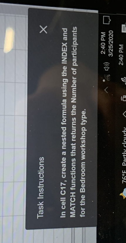 Task Instructions In cell C17, create a nested formula using the INDEX and MATCH functions that ...
