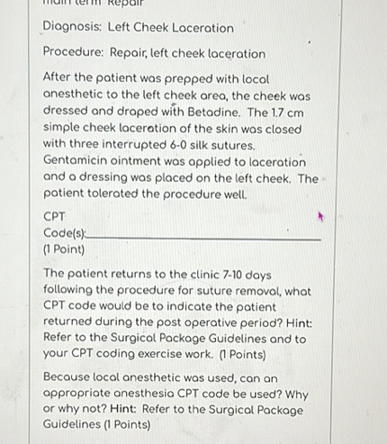 Diagnosis: Left Cheek Loceration Procedure: Repair, left cheek ...