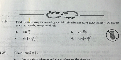 SOLVED: Review & Preview 4-24. Find the following values using special right triangles (give ...