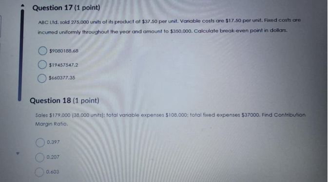 question 17 1 point abc ltd sold 275000 units of its product at 3750 ...
