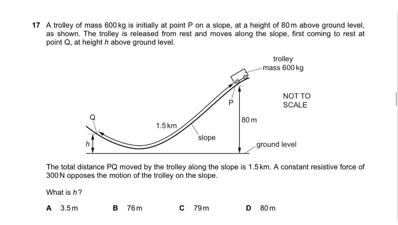 17 A trolley of mass 600 kg is initially at point P on a slope, at a ...
