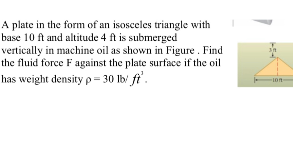 A plate in the form of an isosceles triangle with base 10 ft and ...