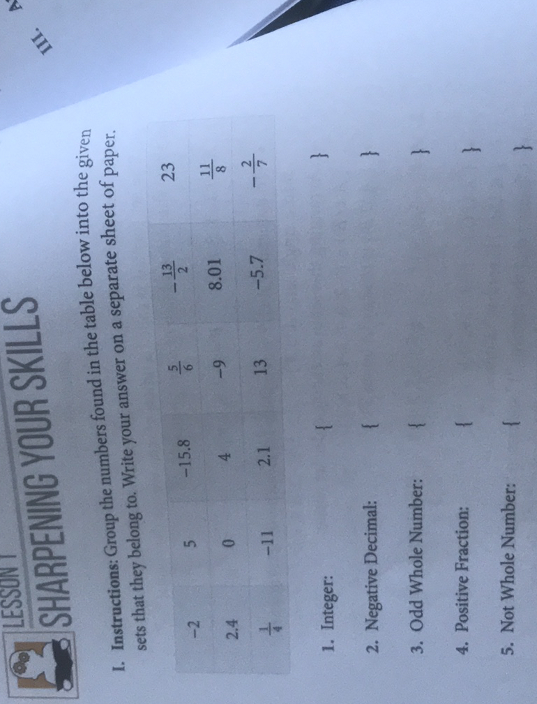 I. Instructions: Group the numbers found in the table below into the given sets that they belong ...