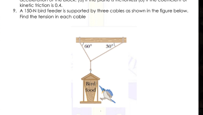 kinetic friction is 0.4 . 9. A 150-N bird feeder is supported by three ...