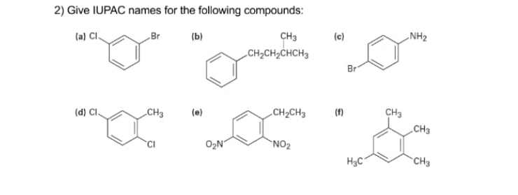2) Give IUPAC names for the following compounds: (a) (b) (c) (d) (e) (f)