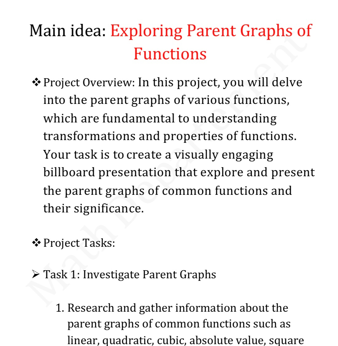 main idea exploring parent graphs of functions project overview in this ...