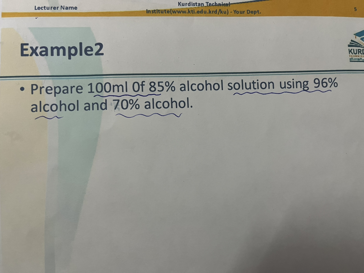 Example2 - Prepare 100 ml 0f 85 % alcohol solution using 96 % alcohol ...