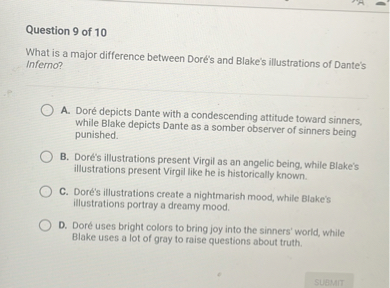 Question 9 of 10 What is a major difference between Dore's and Blake's illustrations of Dante's ...