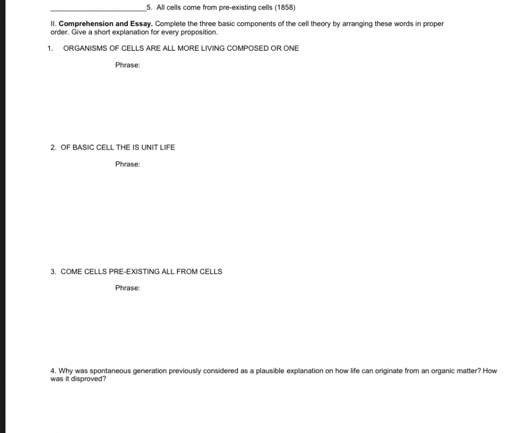 5. All cells come from pre-existing cells (1858) II. Comprehension and ...
