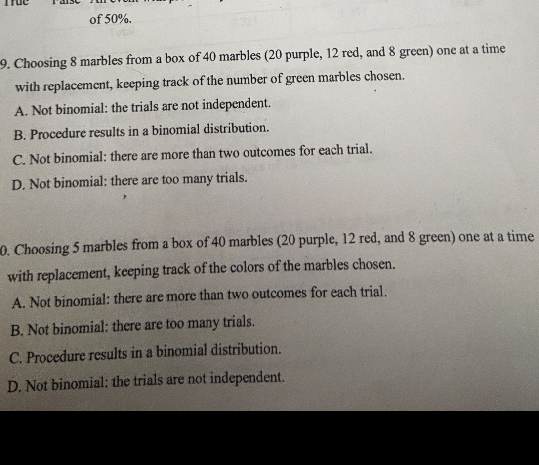 9 choosing 8 marbles from a box of 40 marbles 20 purple 12 red and 8 ...