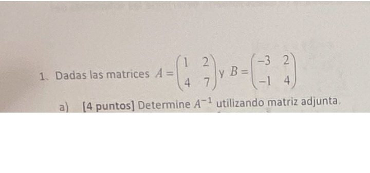 SOLVED: 1. Dadas las matrices A=( 1 2 4 7 ) y B=( -3 2 -1 4 ) a) [4 puntos] Determine A^-1 ...