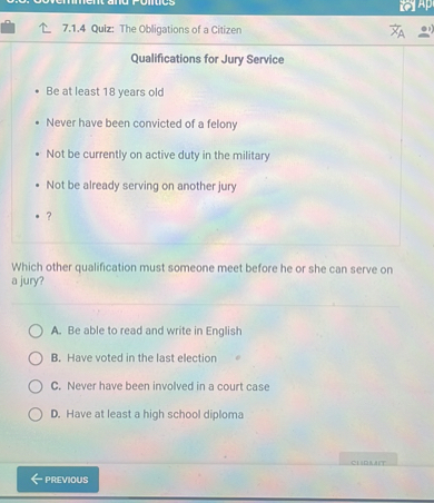 7.1.4 Quiz: The Obligations of a Citizen Qualifications for Jury ...