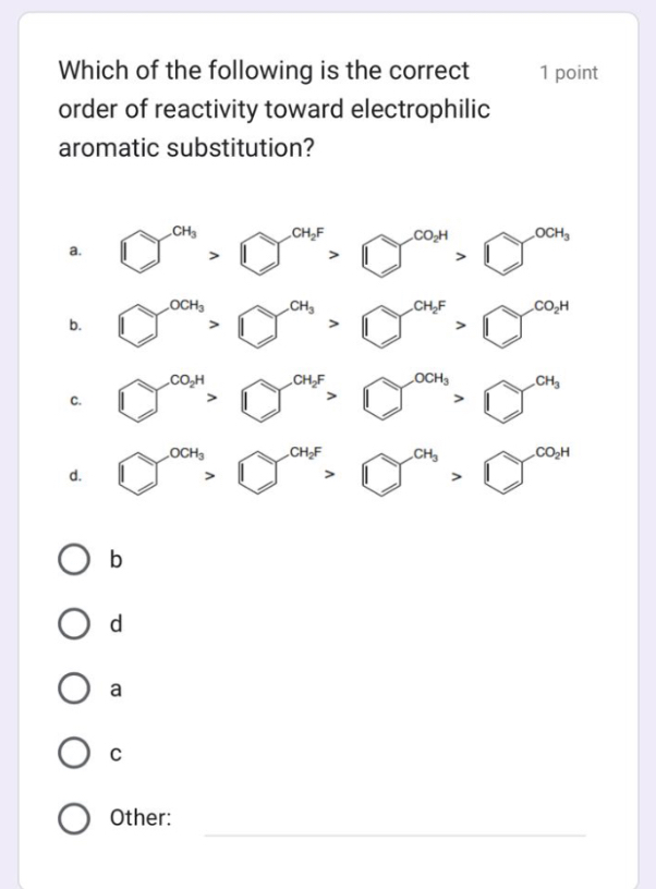 Solved Which Of The Following Is The Correct 1 Point Order Of Reactivity Toward Electrophilic
