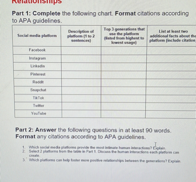 Part 1: Complete the following chart. Format citations according to APA ...
