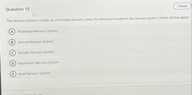 SOLVED: Question 15 1 Point The nervous system is made up of multiple disions, select the ...