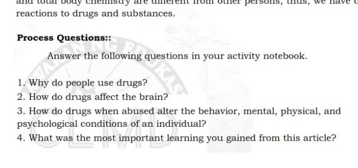 SOLVED: reactions to drugs and substances. Process Questions:: Answer ...