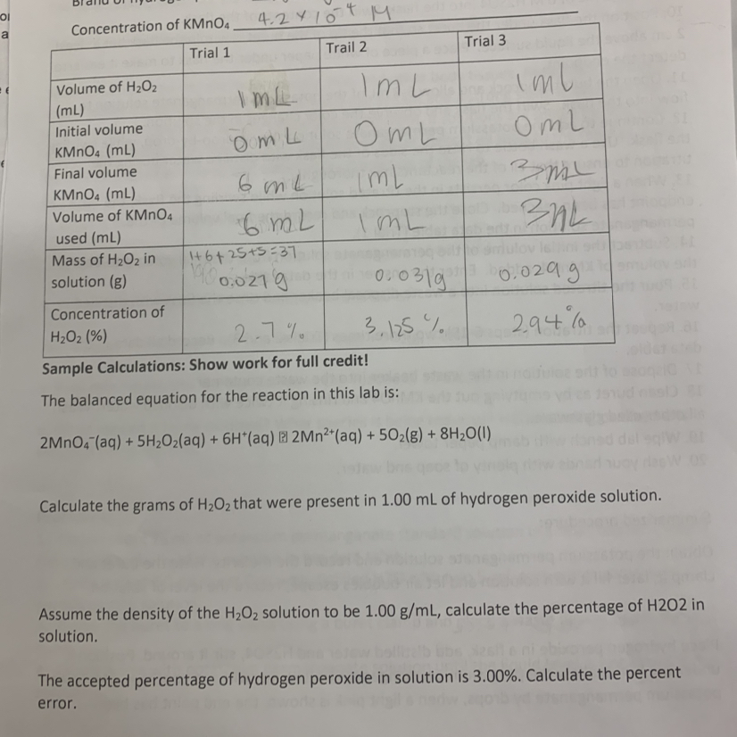 SOLVED: Concentration of KMnO4 4.2 × 10^-4 14 Sample Calculations: Show work for full credit ...
