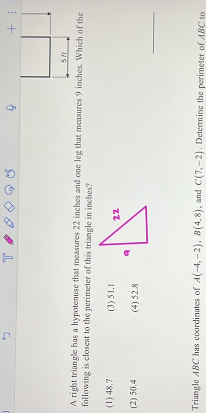 A Right Triangle Has A Hypotenuse That Measures 22 Inches And One Leg