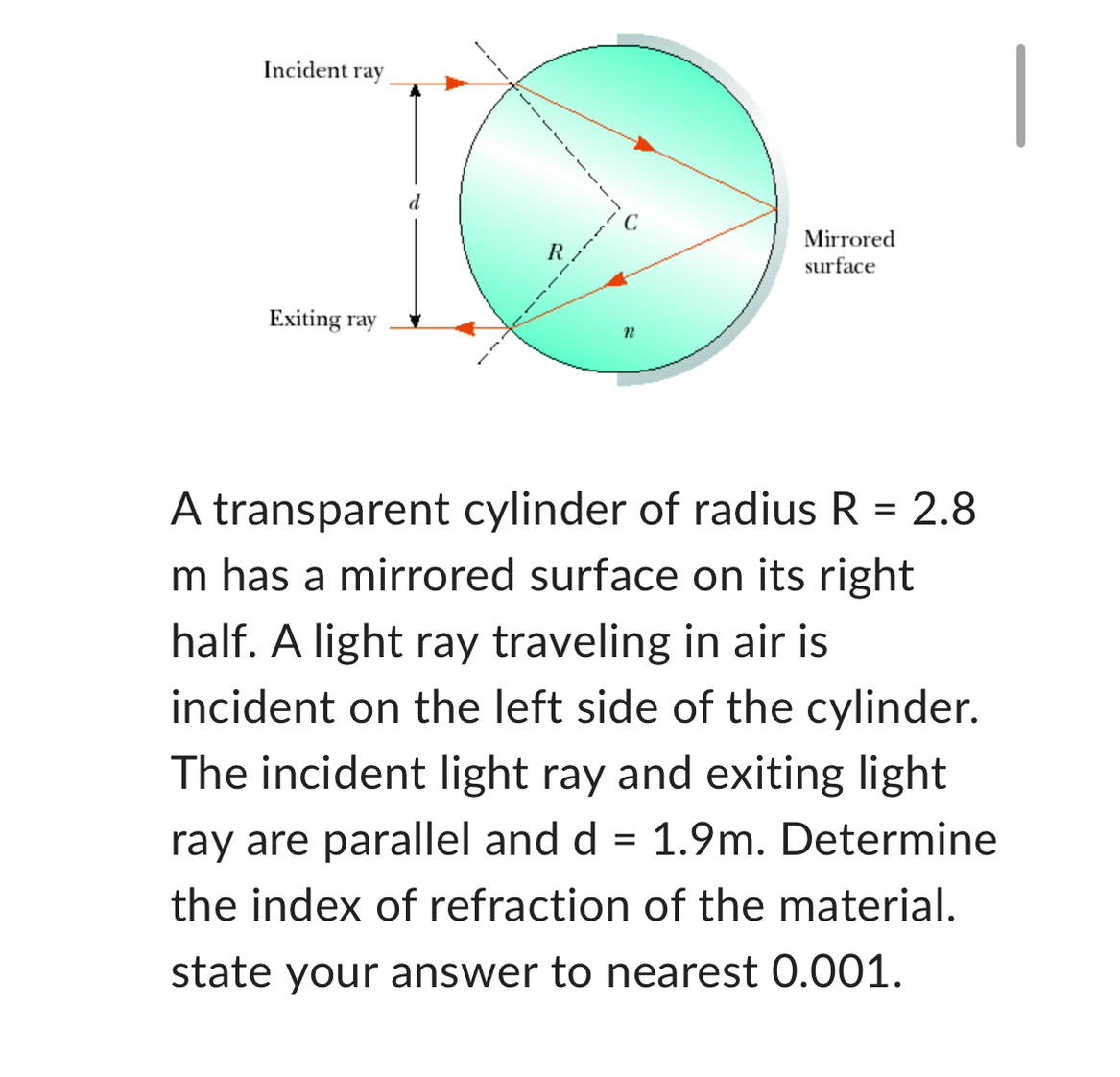 A transparent cylinder of radius R=2.8 m has a mirrored surface on its ...