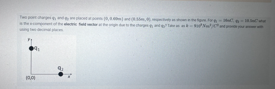 SOLVED: Two point charges q1 and q2 are placed at points (0,0.69 m) and (0.55 m, 0 ...