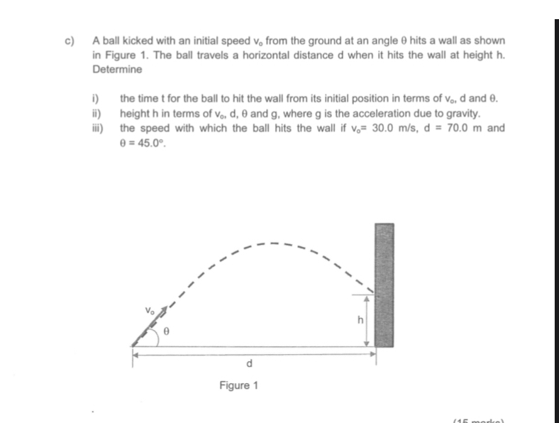 SOLVED: c) A ball kicked with an initial speed v0 from the ground at an angle θ hits a wall as ...