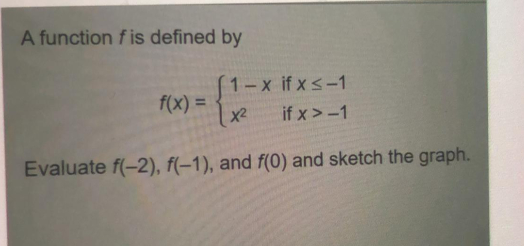 SOLVED: A function f is defined by f(x)={ 1-x if x ≤-1 x^2 if x>-1 . Evaluate f(-2), f(-1), and ...