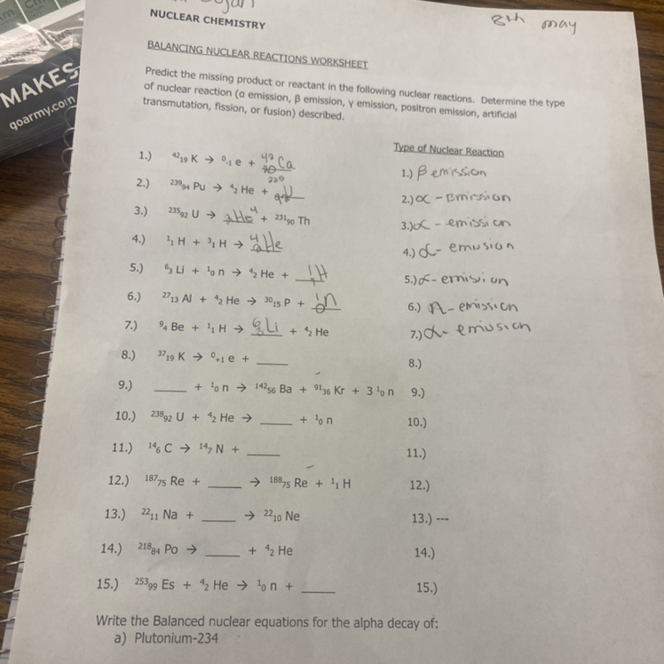 Chemistry Worksheet Balancing Nuclear Equations