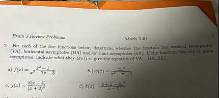 SOLVED: Exam 3 Review Problems Math 140 7. For esch of the five ...