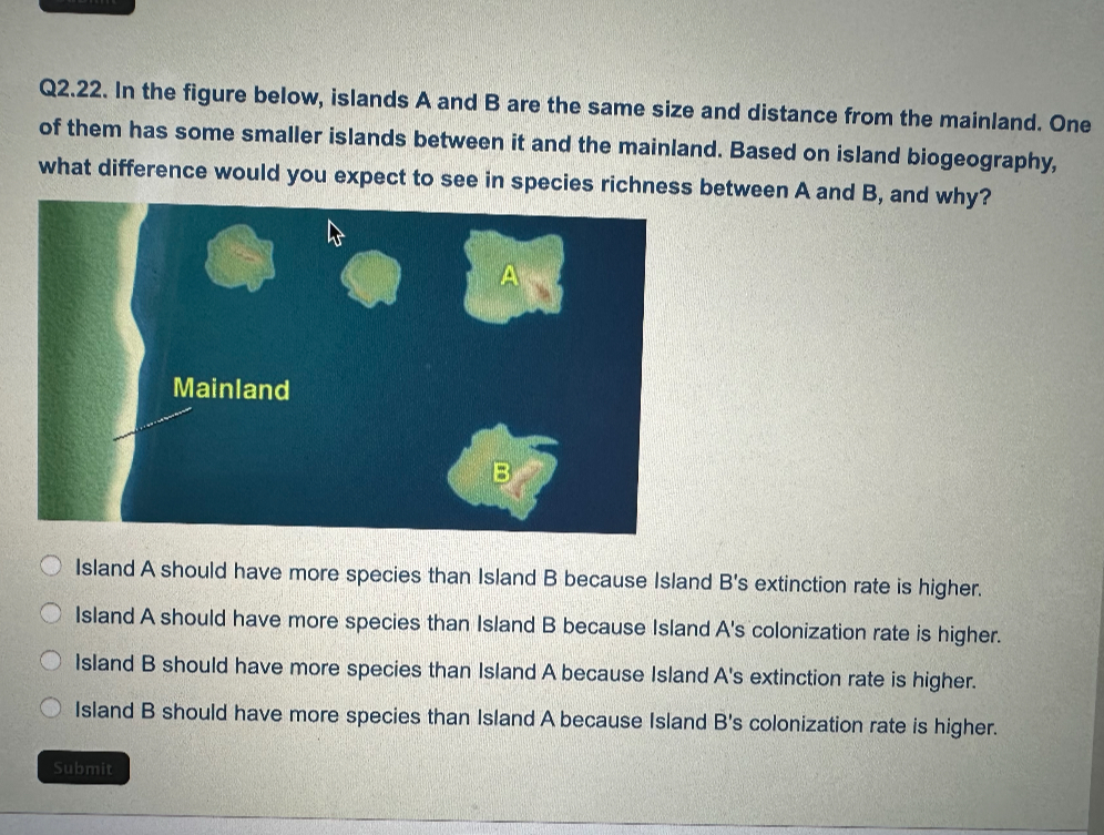 Q2.22. In the figure below, islands A and B are the same size and ...