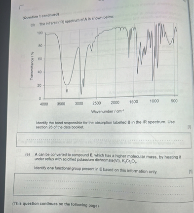 (Queselon 1 continued) (d) The infrared (IR) spectrum of A is shown ...