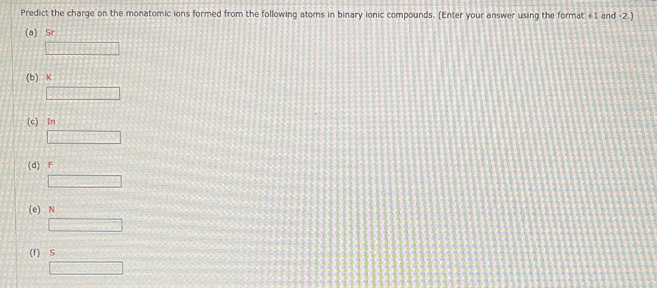 SOLVED: Predict the charge on the monatomic ions formed from the following atoms in binary ionic ...