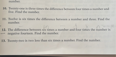 number. 10. Twenty-one is three times the difference between four times ...