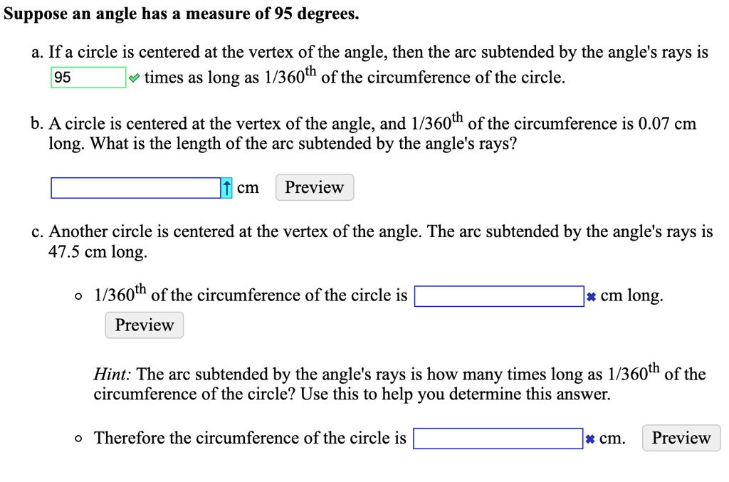 suppose an angle has a measure of 95 degrees a ifa circle is centered ...