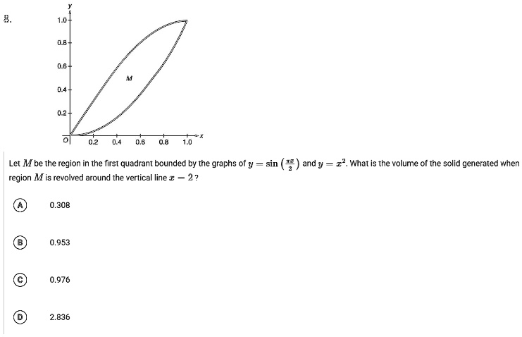 SOLVED: Let M be the region in the first quadrant bounded by the = graphs of y sin region M is ...