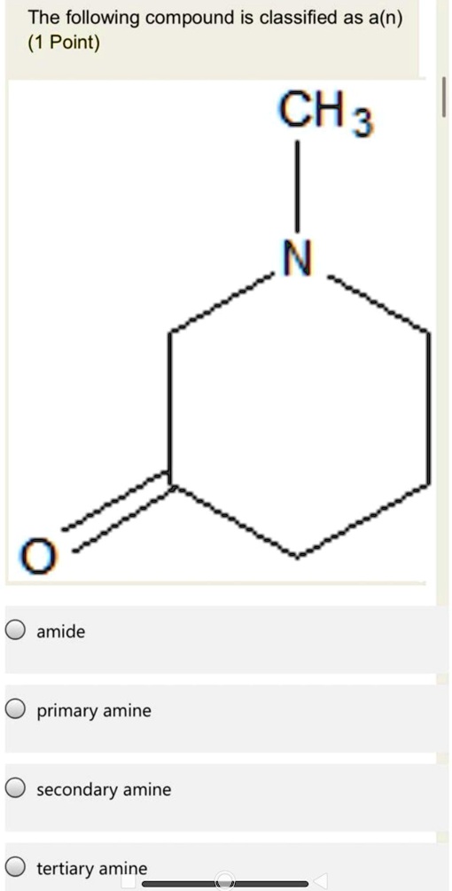 SOLVED: The following compound is classified as a(n) (1 Point) N amide primary amine secondary ...
