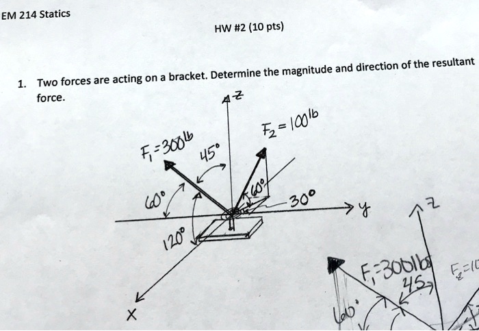 EM 214 Statics HW #2 (10 pts) 1. Two forces are acting on a bracket. Determine the magnitude and ...