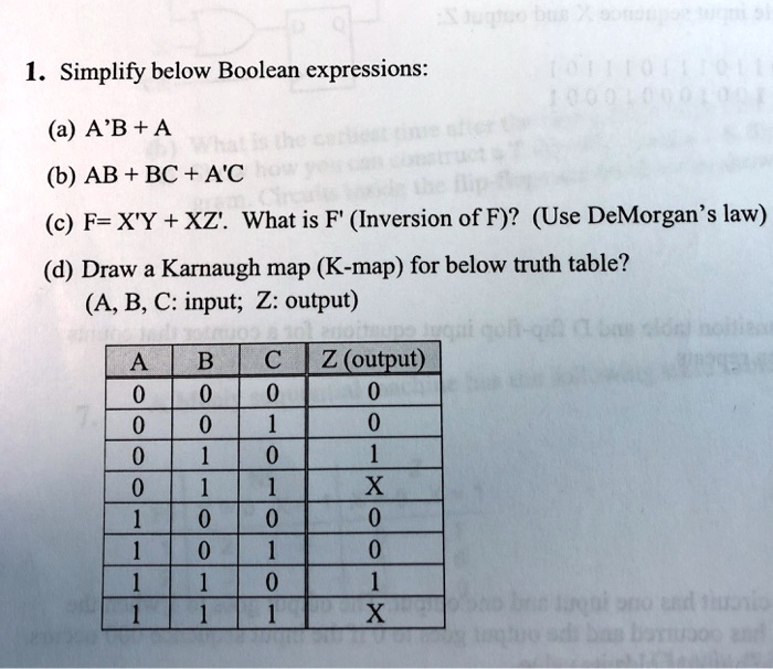 SOLVED: 1. Simplify below Boolean expressions: (a) A'B+ A bAB+BC+A'C c) F=X'Y+XZ'. What is F ...
