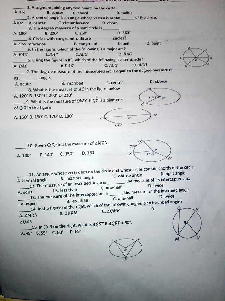 SOLVED: A segment joining any two points on the circle A,arc center chord radius A central angle ...