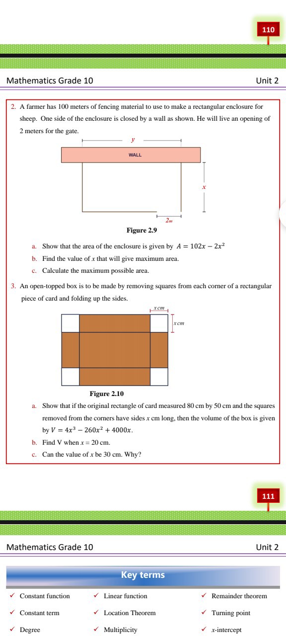 Mathematics Grade 10 Unit 2 2. A farmer has 100 meters of fencing ...