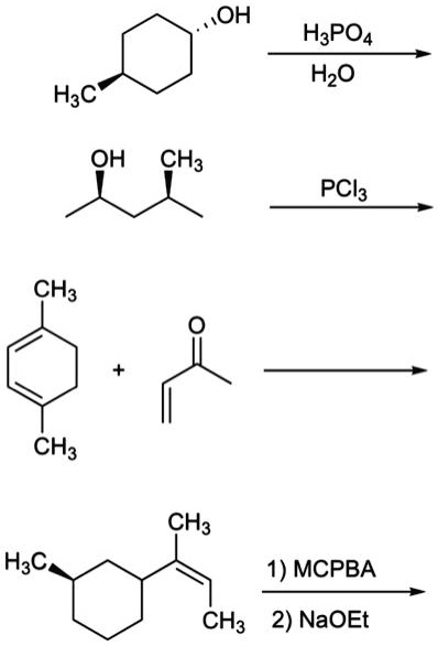 SOLVED: OH H3PO4 H2O H2C OH CH3 E13d CH3 CH3 CH3 H3C MCPBA CH3 2) NaOEt